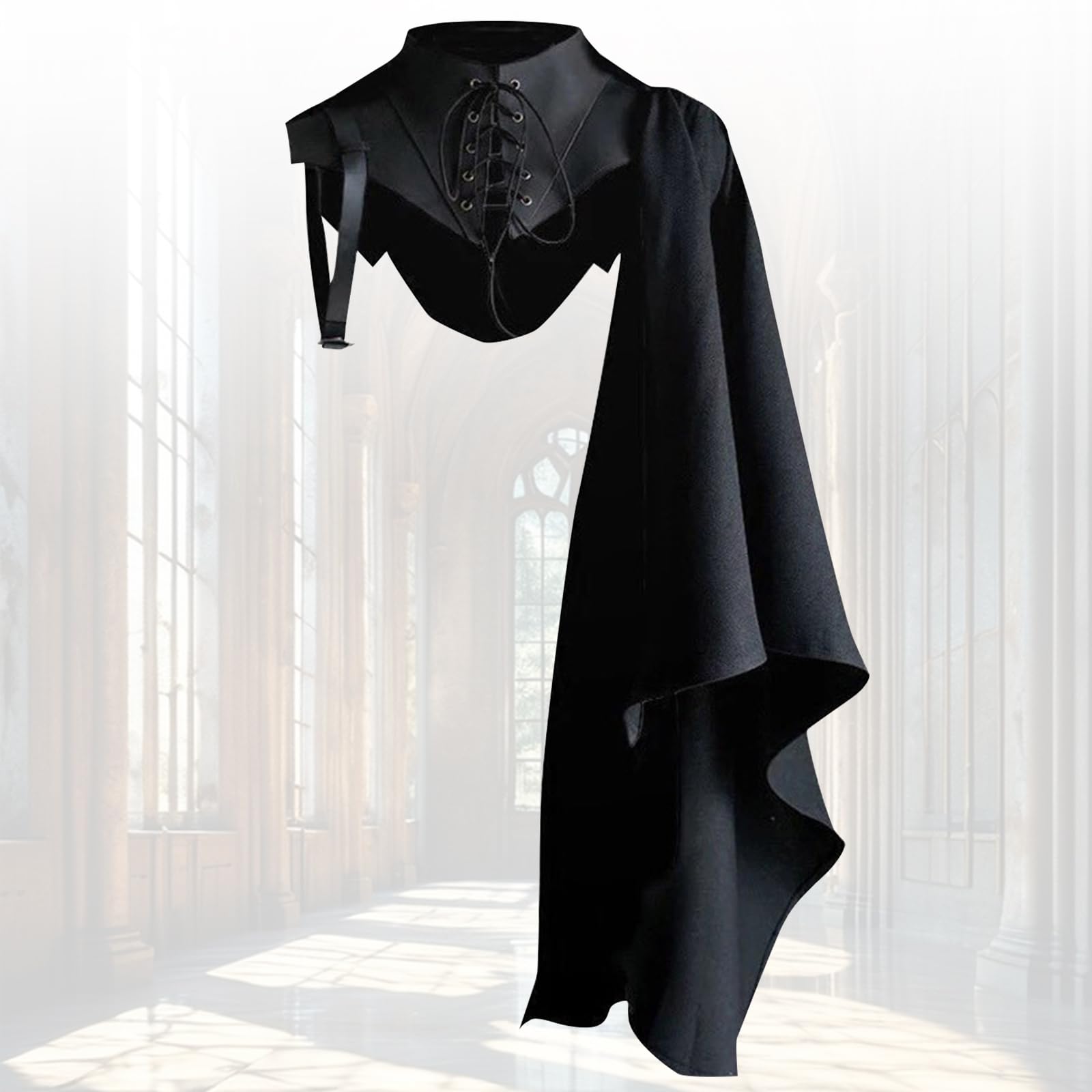 Fuman mens Medieval Shawl Renaissance Half Cape High Texture Lace Up, Black, Medium