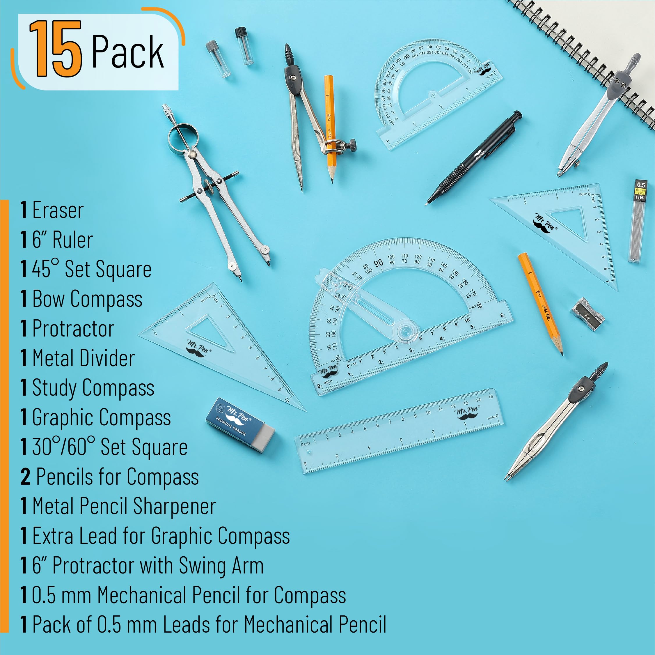 Mr. Pen Geometry Set with 6 Inch Swing Arm Protractor, Divider, Set Squares, Ruler, Compasses and Protractor, 15 Piece Set