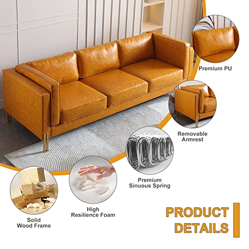 Hommoo Faux Leather Sofa 94" Large 3 Seater Sofa with Removable Cushions Mid Century Modern Couch for Living Room Comfy Couch with Gold Metal Legs Apartment Couch Brown