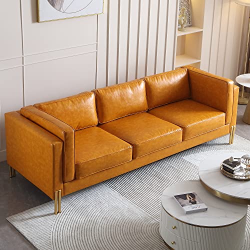 Hommoo Faux Leather Sofa 94" Large 3 Seater Sofa with Removable Cushions Mid Century Modern Couch for Living Room Comfy Couch with Gold Metal Legs Apartment Couch Brown