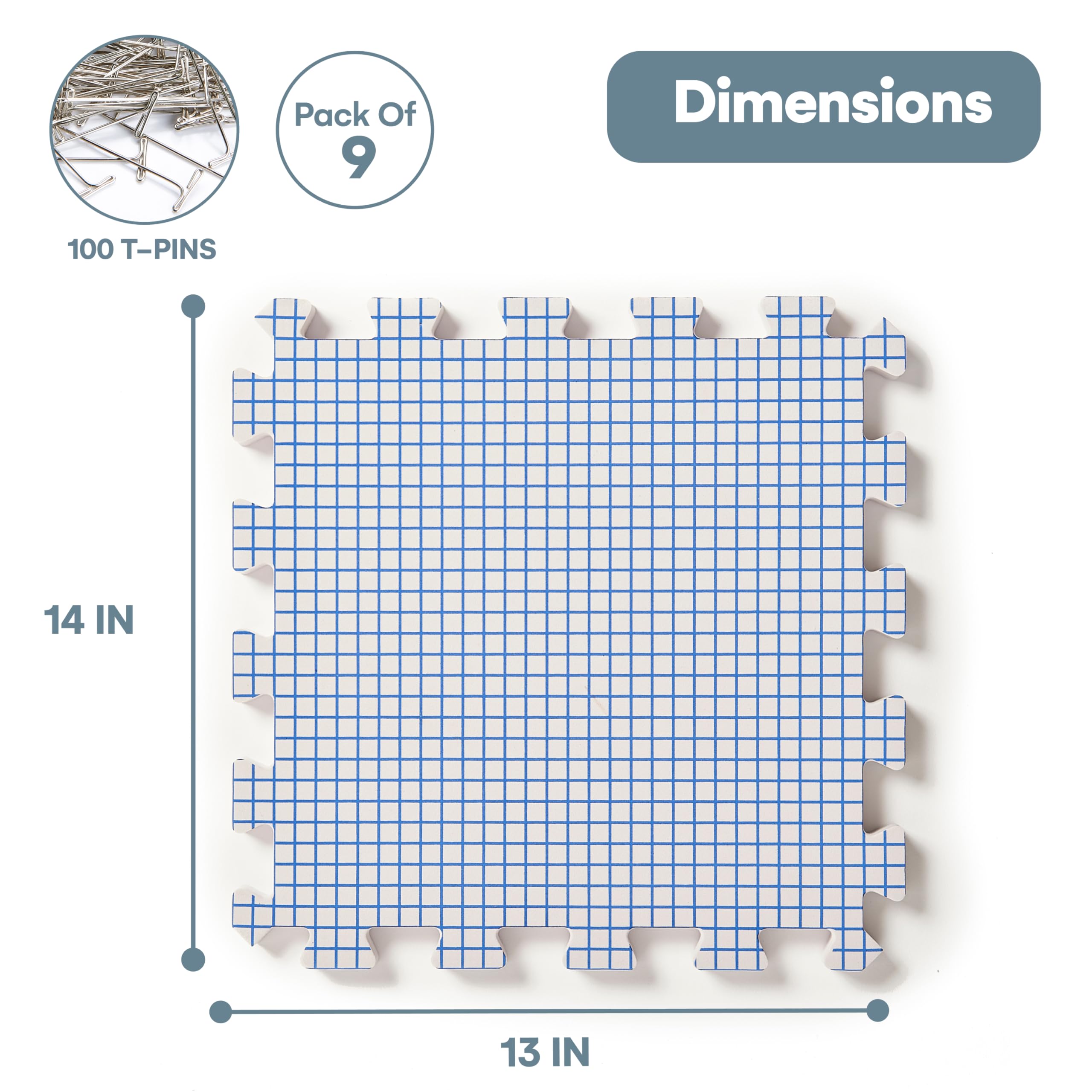 KnitIQ Crochet Blocking Board - Pack of 9 Interlocking Blocking Mats for Knitting and Crochet Accessories, 0.75 Inch Thick, 14 x 13 Inches - Includes 100 T-Pins and Storage Bag for Needlework