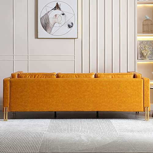 Hommoo Faux Leather Sofa 94" Large 3 Seater Sofa with Removable Cushions Mid Century Modern Couch for Living Room Comfy Couch with Gold Metal Legs Apartment Couch Brown