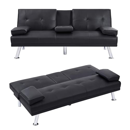 PAPAHUG Convertible Versatile Sleeper Folding Futon Bed,Adjustable Faux Leather Sofa Couch for Living Room,Metal Legs, 2 Cup Holders