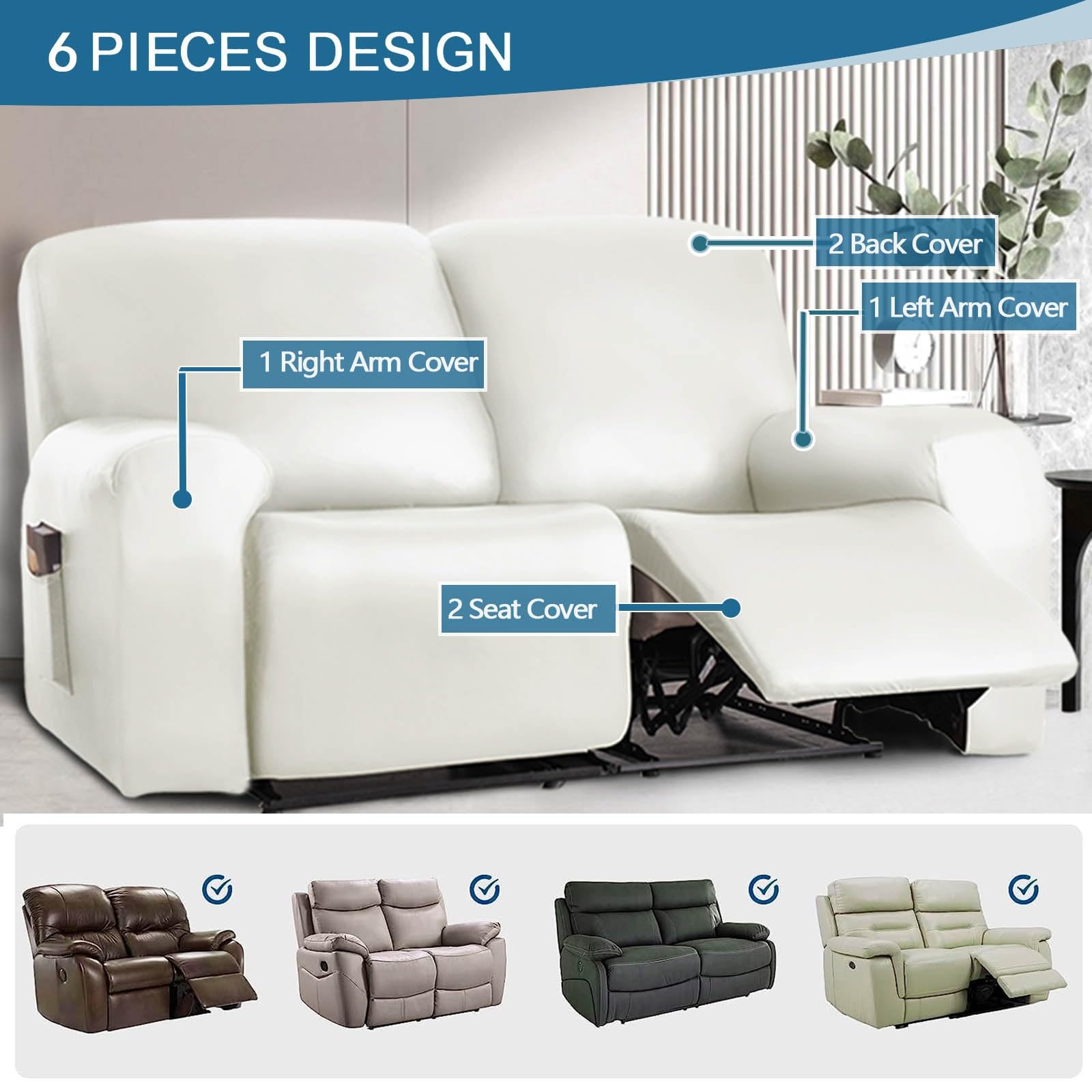 KTYX 4-Pieces/6-Pieces /8-Pieces Recliner Sofa Cover Sets Leather PU Reclining Couch Split Stretch Slipcover Inclined Sofa Covers1/2/3 Seater Sectional (Color : Ivory, Size : 6 Piece | Loveseat)