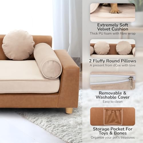dCee Luxury Large Dog Sofa, Cat Sofas, Holds 160 Lbs, 42 in. Premium Leather Dog Bed Couch with Removable Washable Velvet Cushion for Comfort Sleep, Suitable for Different Pet Sizes