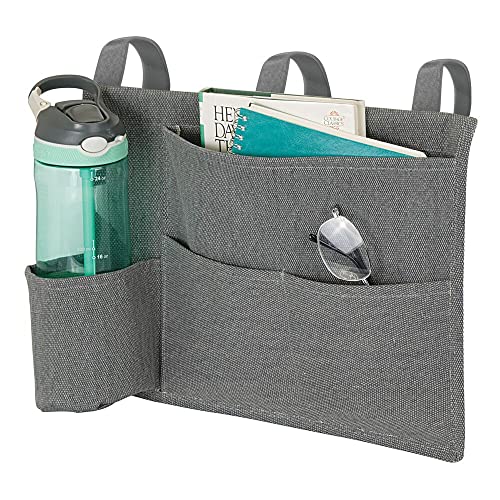 mDesign Cotton Canvas Bedside Hanging Storage Organizer Caddy for Dorm, Bedroom Bed Frame - 4 Pockets, 3 Loops - Holds Phone, Remote Control, Magazines, Bottle Drinks - Crane Collection -Charcoal Gray