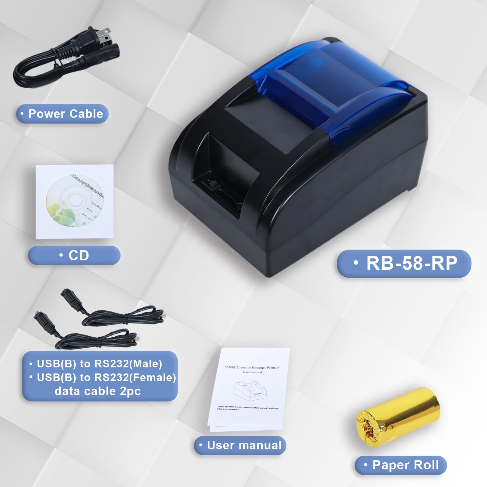 RIBAO Thermal POS Printer Receipt Printer Connect BC-55 BC-40 BCS-160 Mixed Bill Money Counter 58mm USB Cash Drawer Interface NOT for Square