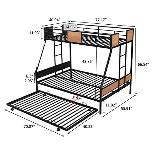 Rophefx Twin Over Full Bunk Bed with Trundle, Metal Bunkbed with Safety Rails and Ladders, Black