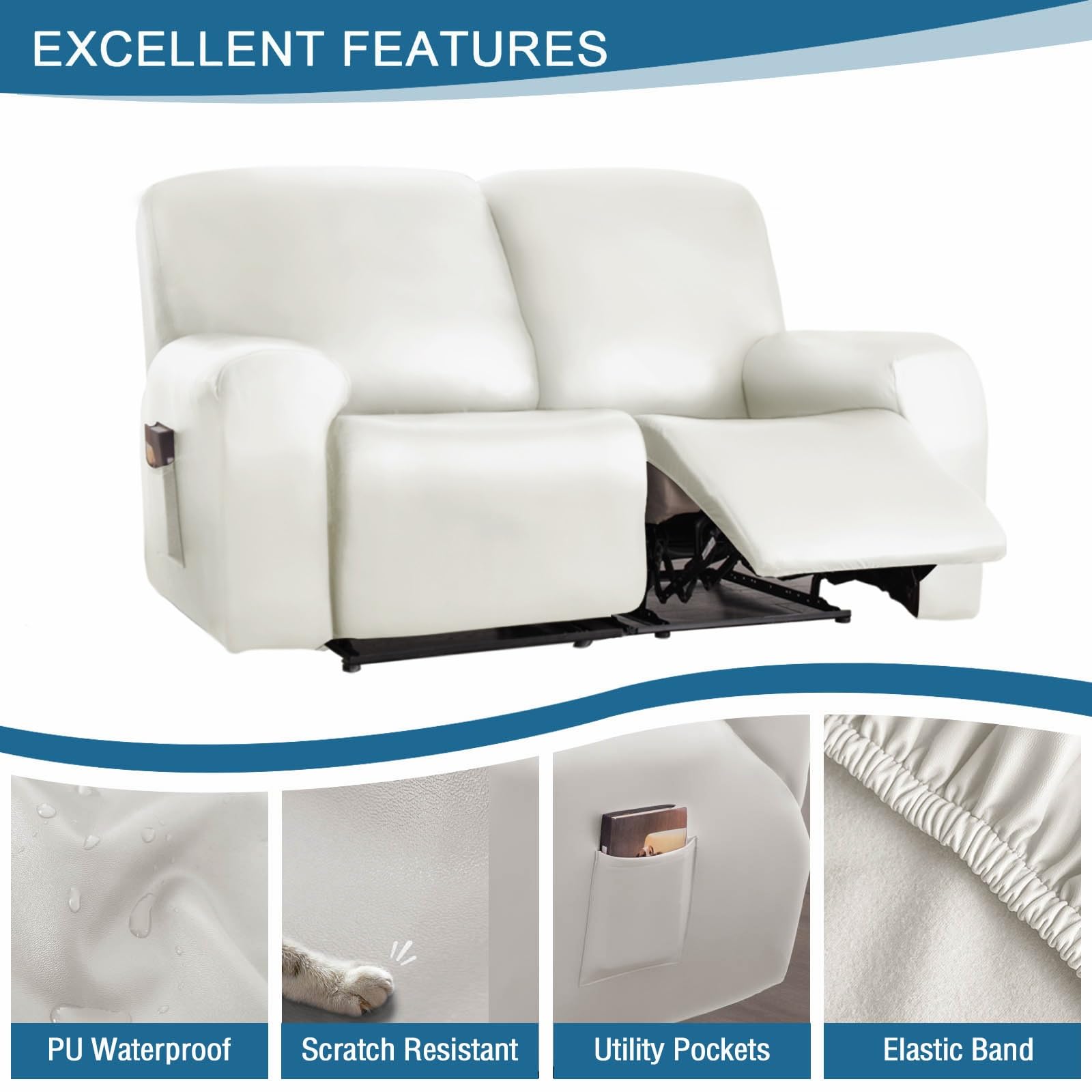 KTYX 4-Pieces/6-Pieces /8-Pieces Recliner Sofa Cover Sets Leather PU Reclining Couch Split Stretch Slipcover Inclined Sofa Covers1/2/3 Seater Sectional (Color : Ivory, Size : 6 Piece | Loveseat)