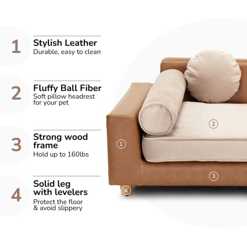 dCee Luxury Large Dog Sofa, Cat Sofas, Holds 160 Lbs, 42 in. Premium Leather Dog Bed Couch with Removable Washable Velvet Cushion for Comfort Sleep, Suitable for Different Pet Sizes