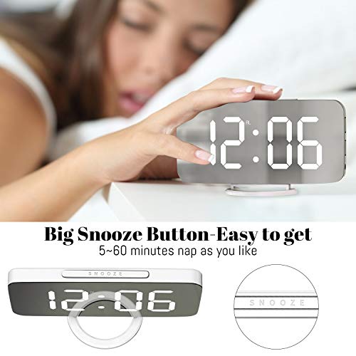 WulaWindy Digital Alarm Clock, Large Mirrored LED Display, with USB Charger, Snooze Function Dim Mode Wall Hanging Beside Desk Clock for Bedroom (White)