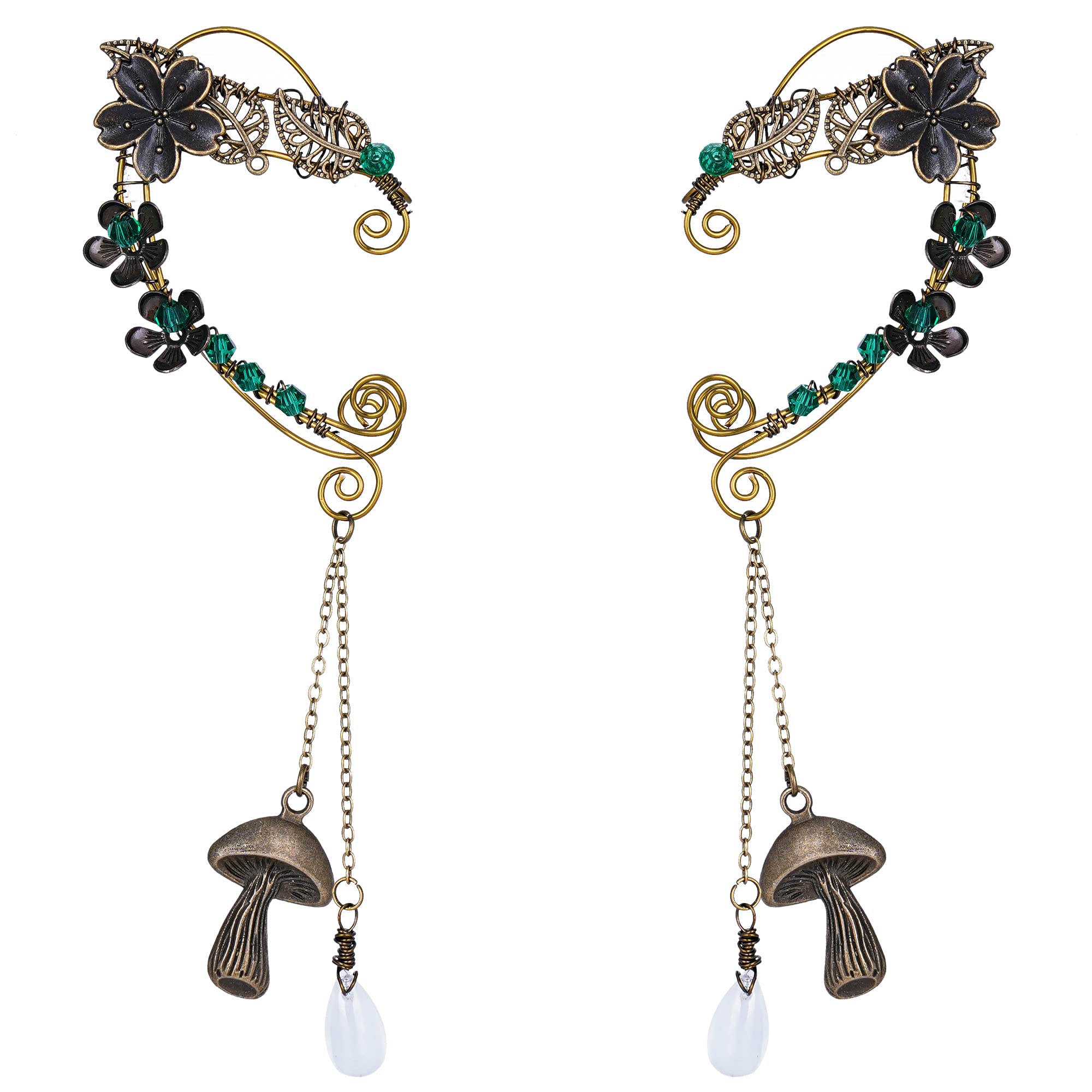 Renaissance Handmade Cherry Blossom Elf Fairy Ear Cuffs - Bronze Forest Antique Vintage Earrings with Green Rhinestone Delicate Dangle Ear Jewelry for Women Christmas Halloween Costume Dress Up Accessory