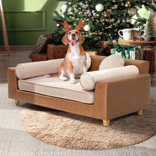 dCee Luxury Large Dog Sofa, Cat Sofas, Holds 160 Lbs, 42 in. Premium Leather Dog Bed Couch with Removable Washable Velvet Cushion for Comfort Sleep, Suitable for Different Pet Sizes