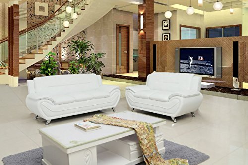 Container Furniture Direct Michael Modern Faux Leather Upholstered Stainless Steel Legs Living Room Sofa, White Dove