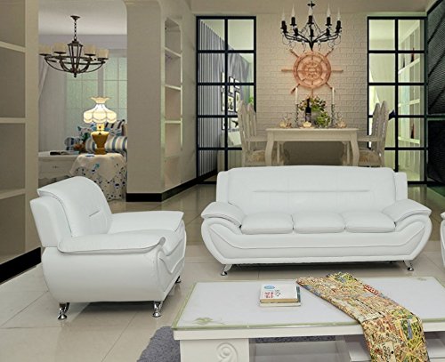 Container Furniture Direct Michael Modern Faux Leather Upholstered Stainless Steel Legs Living Room Sofa, White Dove