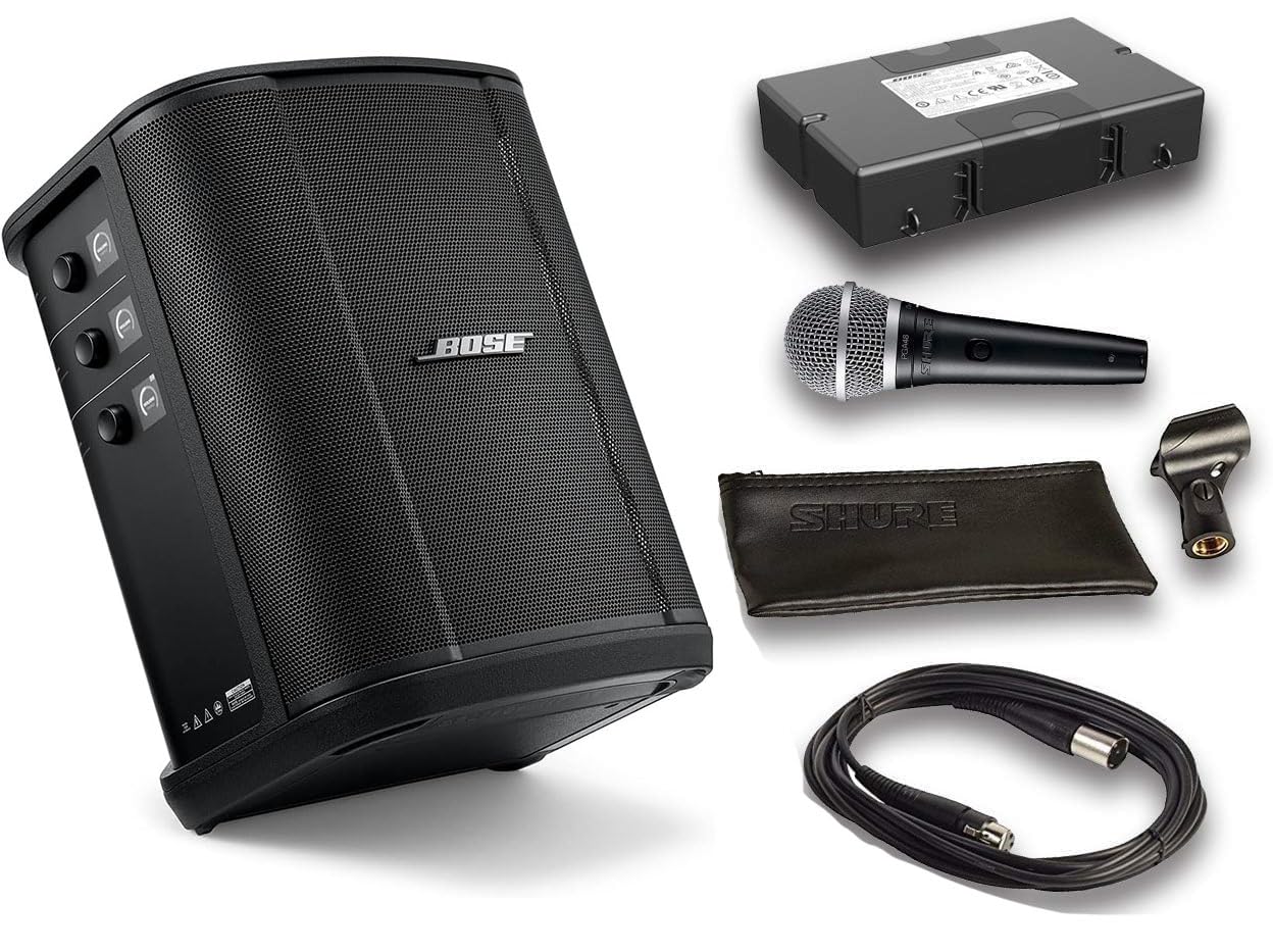 Bose S1 Pro Bluetooth Speaker System Bundle with Battery, Shure PGA48 Microphone, 15ft XLR Audio Cable (6 items)