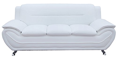 Container Furniture Direct Michael Modern Faux Leather Upholstered Stainless Steel Legs Living Room Sofa, White Dove