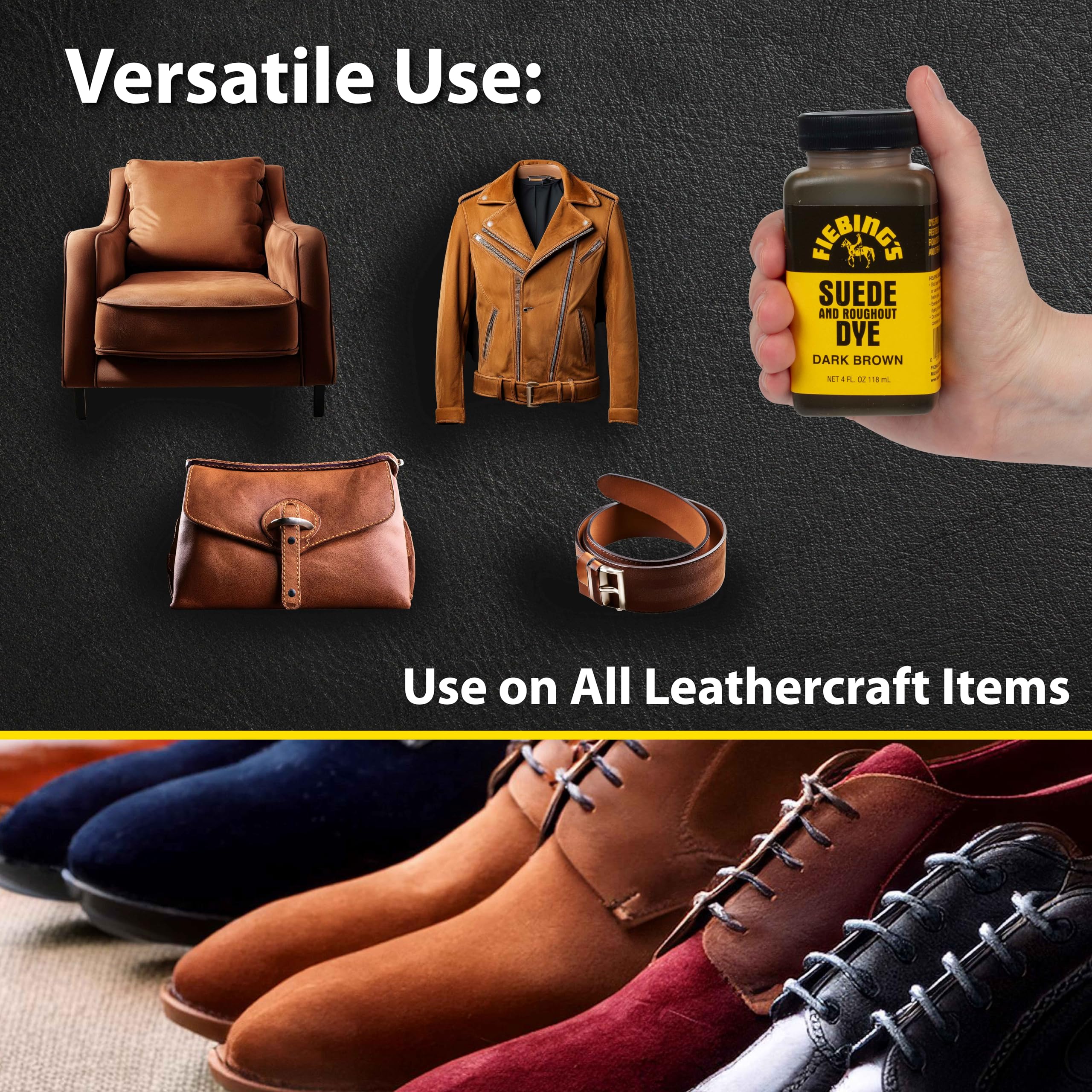 Fiebing's Dark Brown Suede Dye (4 oz) - Recolor, Brighten & Restore Suede & Roughout Leather Shoes, Furniture, Purse - Includes Wool Dauber for Easy Application - Flexible When Dry, Won't Crack/Peel