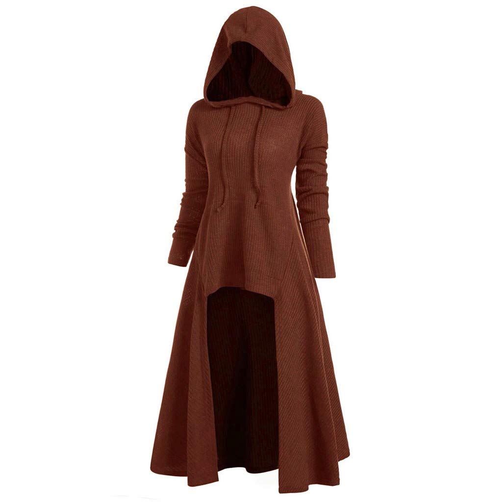 Aniywn Women Asymmetric Hem Hoodies Plus Size Vintage Cloak High Low Sweater Coat Loose Knitted Ribbed Blouse Tops Coffee