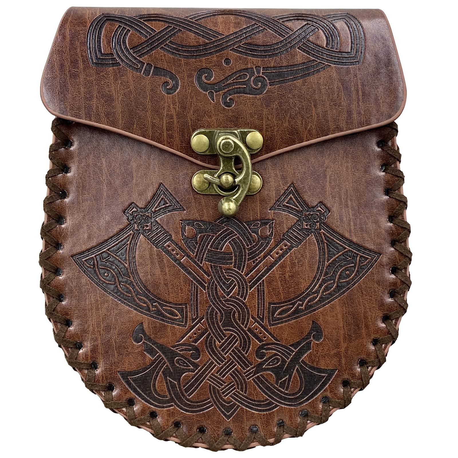 HiiFeuer Nordic Embossed Belt Bag, Retro Medieval Faux Leather Side Pack, Vintage Portable Belt Pouch For LARP Ren Faire (Axe)