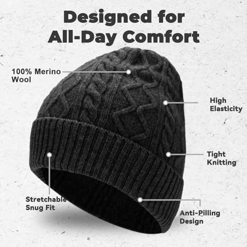 XXL Oversized 100% Merino Wool Beanie Hat for Men & Women, Extra Large Warm Winter Cap for Big Heads, Stretchy Knitted Cap