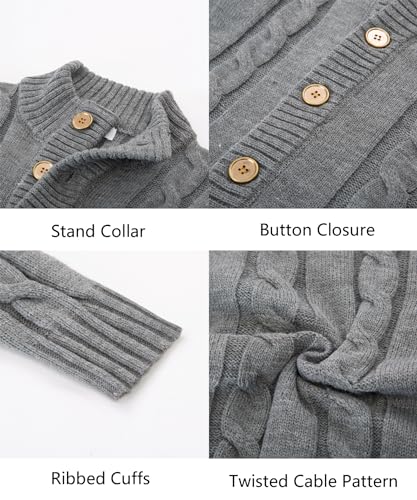 Mens Stand Collar Cardigan Button Down Slim Fit Cable Knitted Sweater Gray 2XL