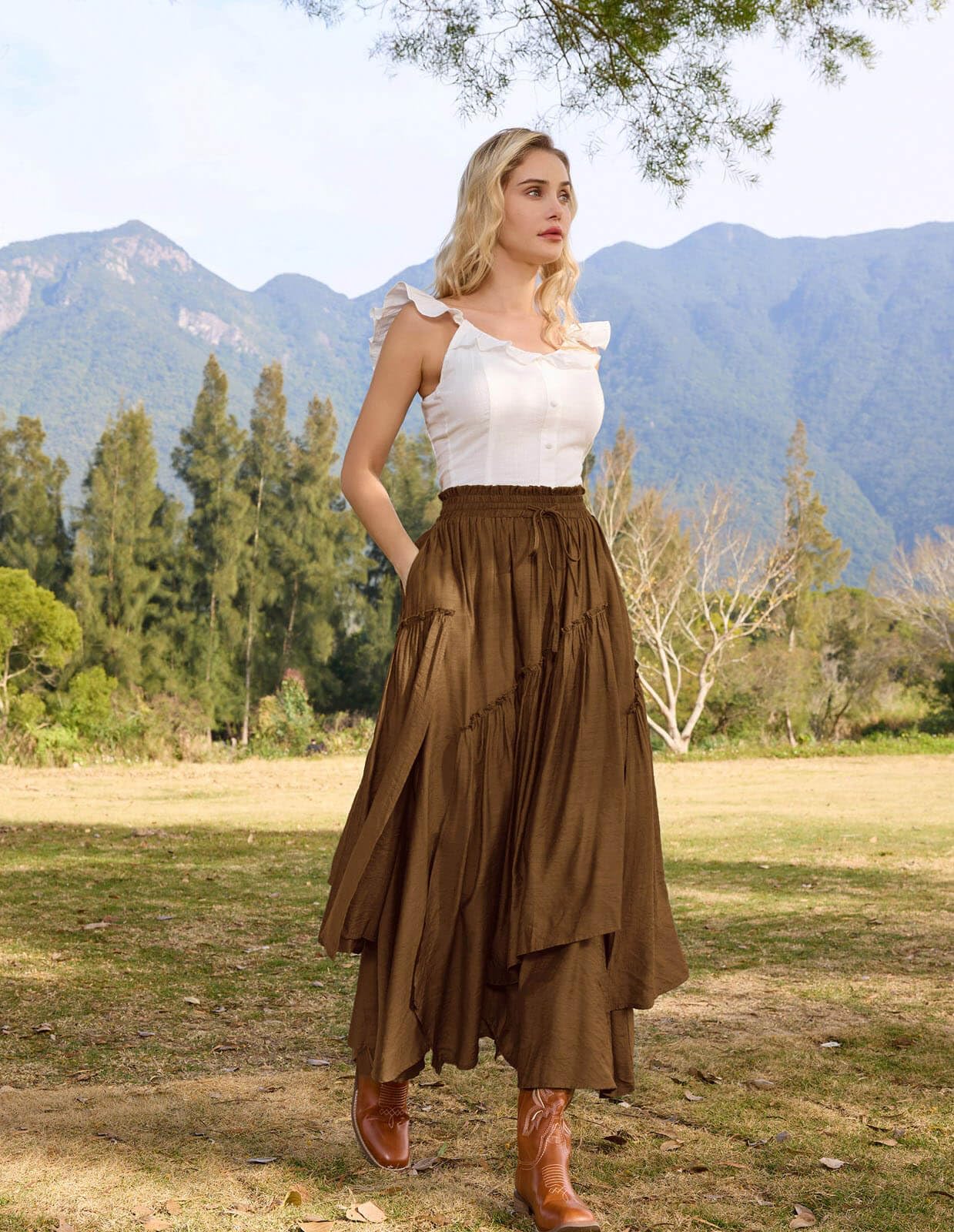 Scarlet Darkness Renaissance Skirt Women Ren Fair Costume High Waist Flowy Boho Skirt Brown M