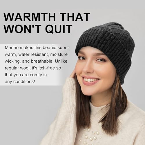 XXL Oversized 100% Merino Wool Beanie Hat for Men & Women, Extra Large Warm Winter Cap for Big Heads, Stretchy Knitted Cap