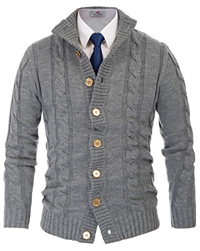 Mens Stand Collar Cardigan Button Down Slim Fit Cable Knitted Sweater Gray 2XL