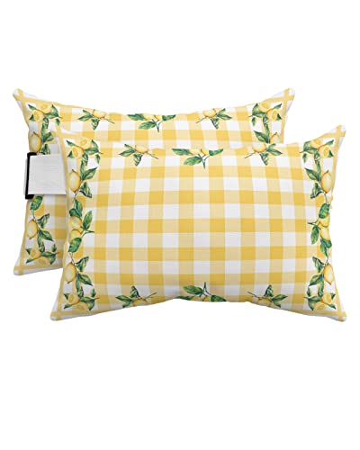 Recliner Head Pillow Ledge Loungers Chair Pillows with Insert Summer Lemon Leaves Yellow Plaid Lumbar Pillow with Adjustable Strap Outdoor Waterproof Patio Pillows for Beach Pool Chair, 2 PCS