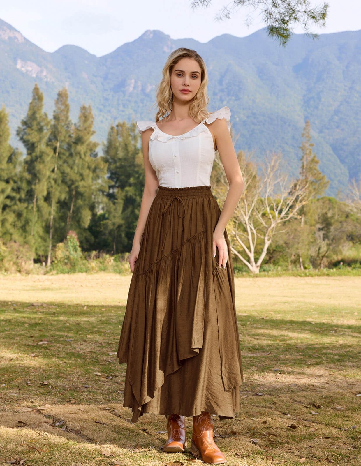 Scarlet Darkness Renaissance Skirt Women Ren Fair Costume High Waist Flowy Boho Skirt Brown M