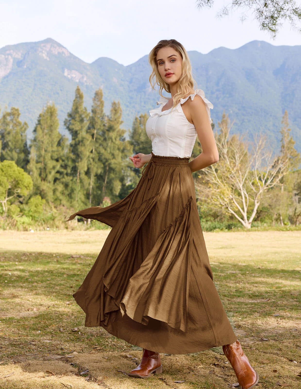 Scarlet Darkness Renaissance Skirt Women Ren Fair Costume High Waist Flowy Boho Skirt Brown M