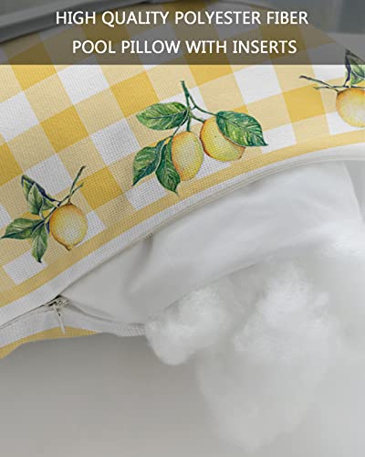 Recliner Head Pillow Ledge Loungers Chair Pillows with Insert Summer Lemon Leaves Yellow Plaid Lumbar Pillow with Adjustable Strap Outdoor Waterproof Patio Pillows for Beach Pool Chair, 2 PCS