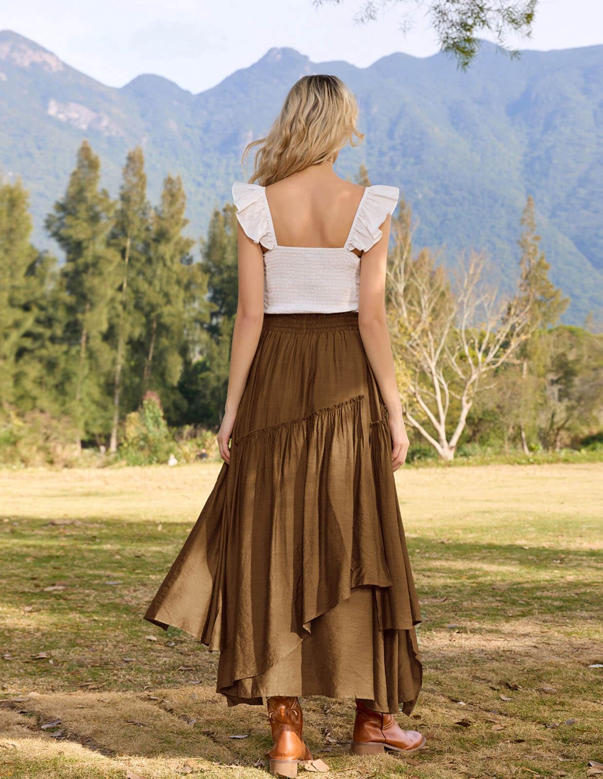 Scarlet Darkness Renaissance Skirt Women Ren Fair Costume High Waist Flowy Boho Skirt Brown M