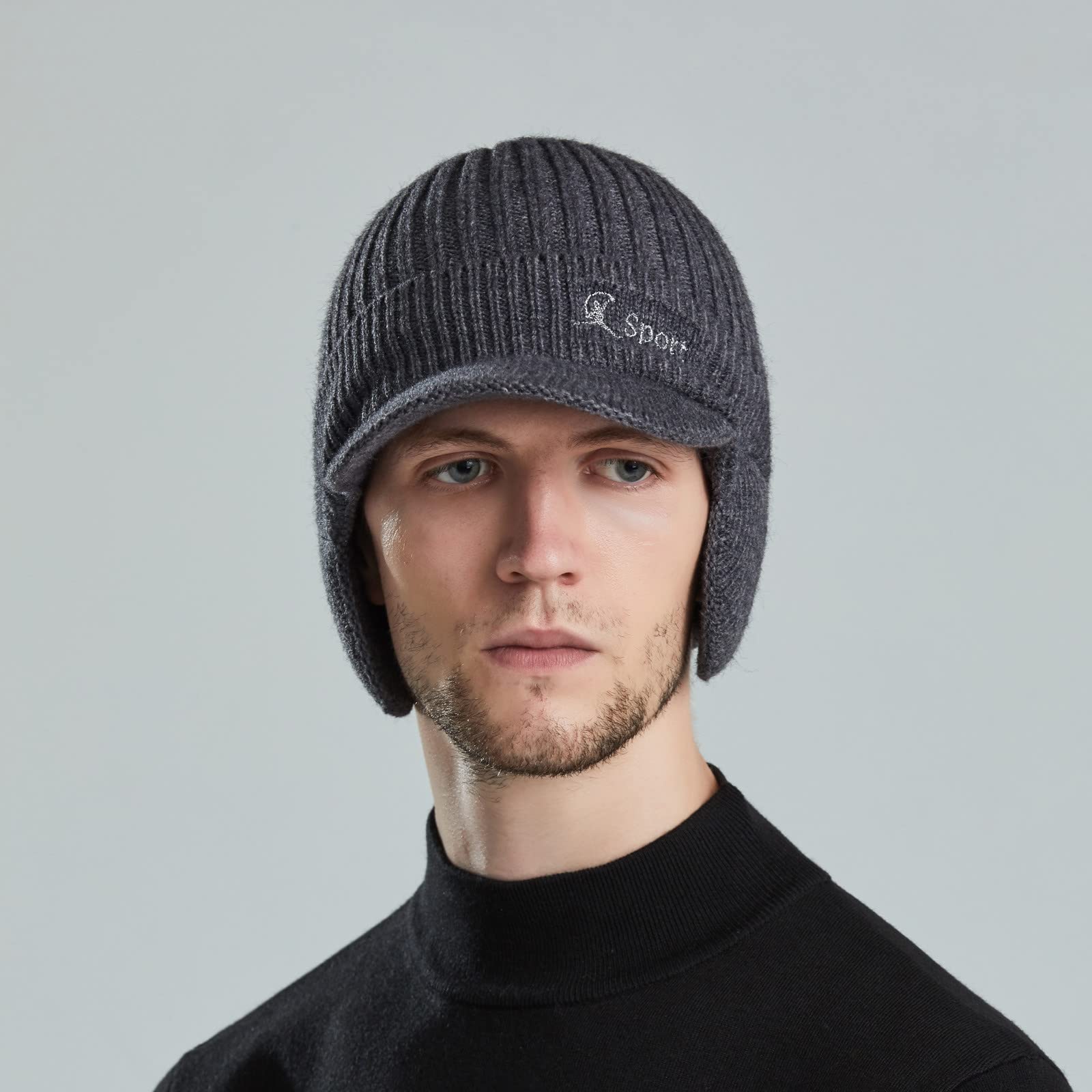 Men Earmuffs Ski Cycling Hat Warm Chunky Cable Knitted Hats Autumn and Winter Windproof Thickened Hat (A, One Size)