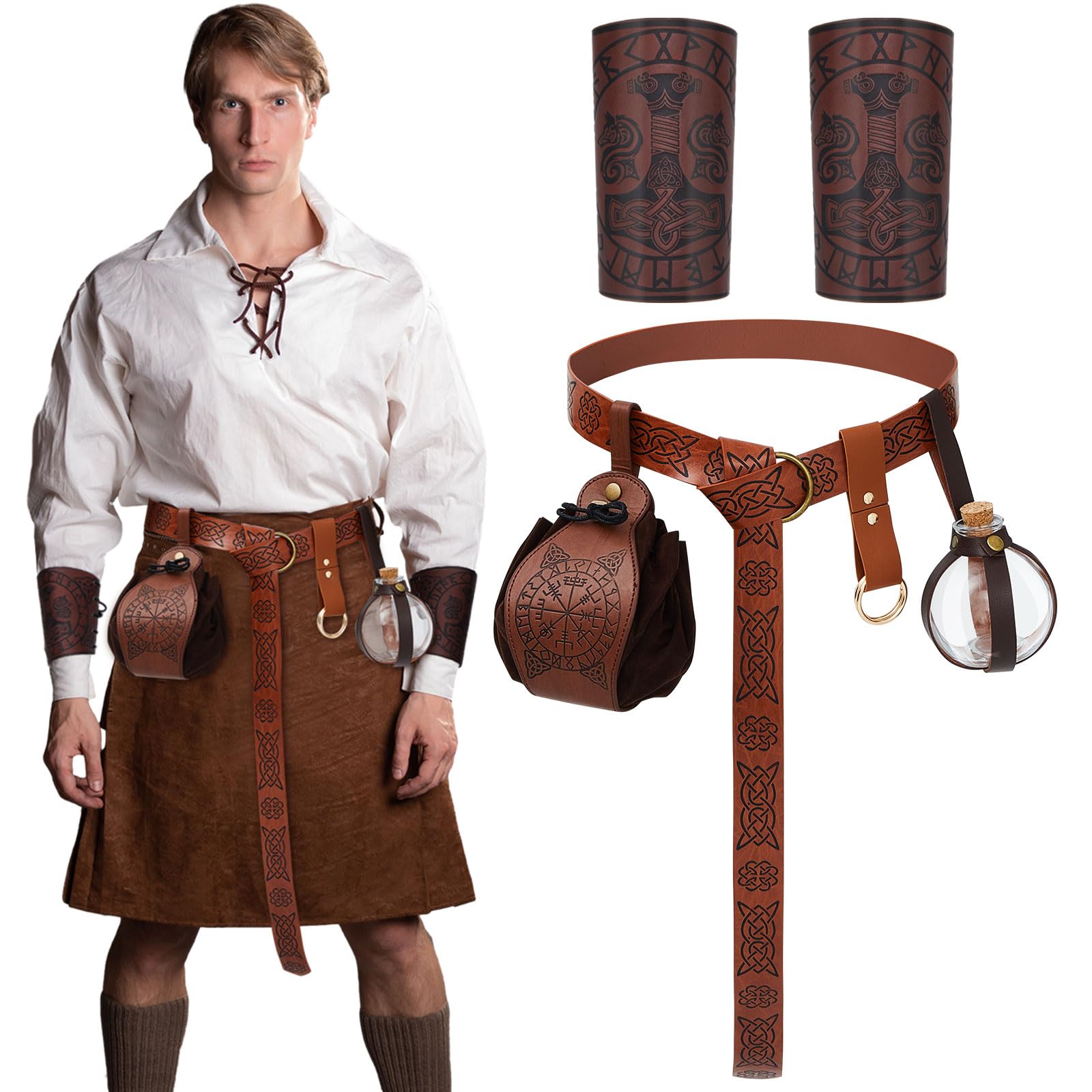 Toulite 6 Pcs Halloween Renaissance Costume Accessories Includes Leather Arm Guards Medieval Viking Belt Potion Bottle with Cork Medieval Bag and Skirt Hike for Men Women Ren Faire Cosplay, Brown