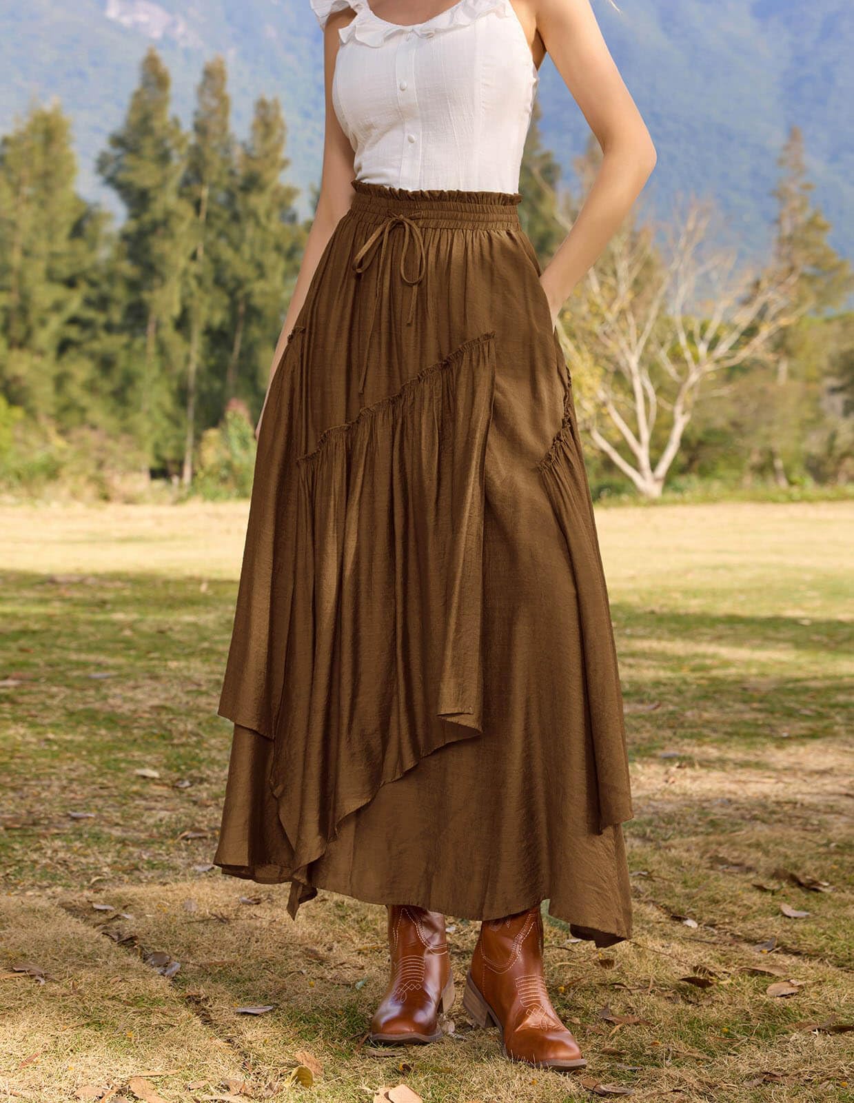 Scarlet Darkness Renaissance Skirt Women Ren Fair Costume High Waist Flowy Boho Skirt Brown M