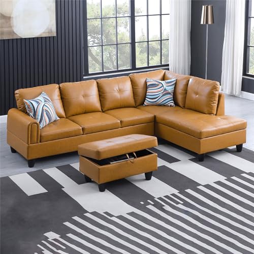 NOTOP 3-Piece Faux Leather L-Shaped Sectional Sofas, Button Tufted Upholstered Couch Set with Right Chaise Longue and Storage Ottoman, for Living Room, Home, Office, Ginger