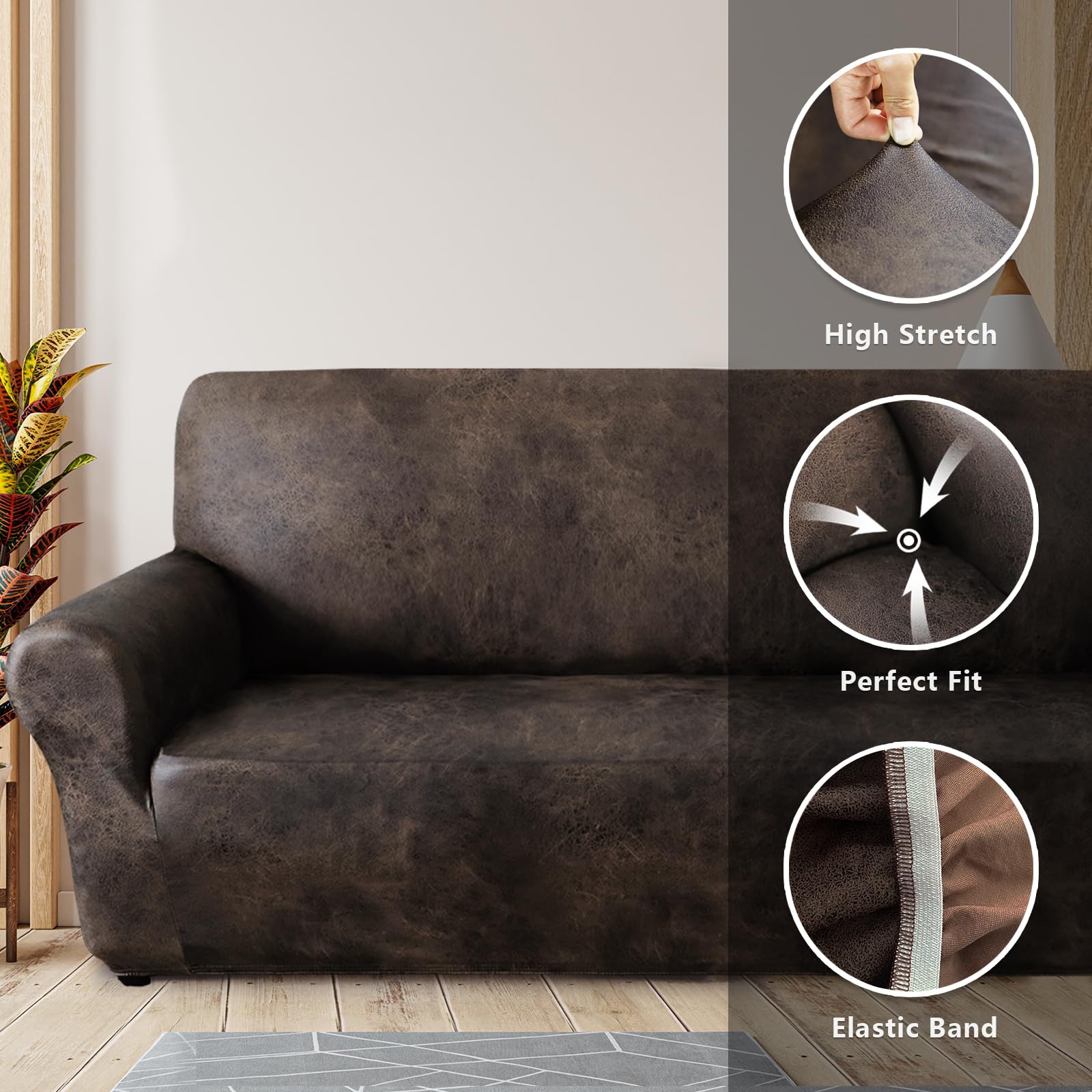 molasofa Sofa Covers - Couch Cover for Leather Couch, Soft and Washable Sofa Covers with Leather-Like Quality. Non-Pilling, Non-Slip 1-Piece Couch Cover for Dogs, Cats, and Kids (02 Dark Brown)