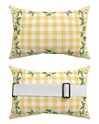 Recliner Head Pillow Ledge Loungers Chair Pillows with Insert Summer Lemon Leaves Yellow Plaid Lumbar Pillow with Adjustable Strap Outdoor Waterproof Patio Pillows for Beach Pool Chair, 2 PCS