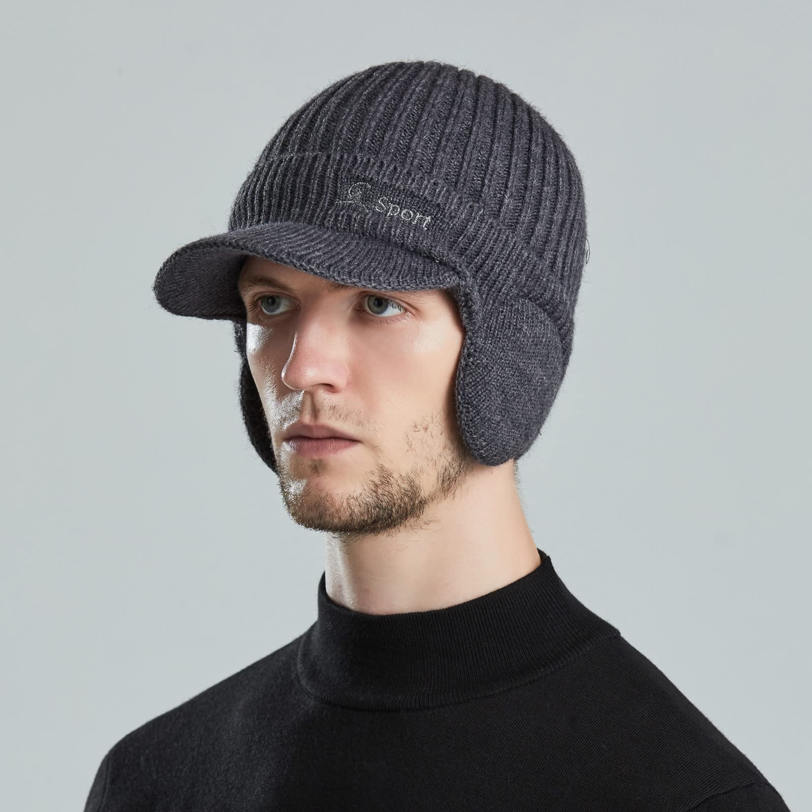 Men Earmuffs Ski Cycling Hat Warm Chunky Cable Knitted Hats Autumn and Winter Windproof Thickened Hat (A, One Size)