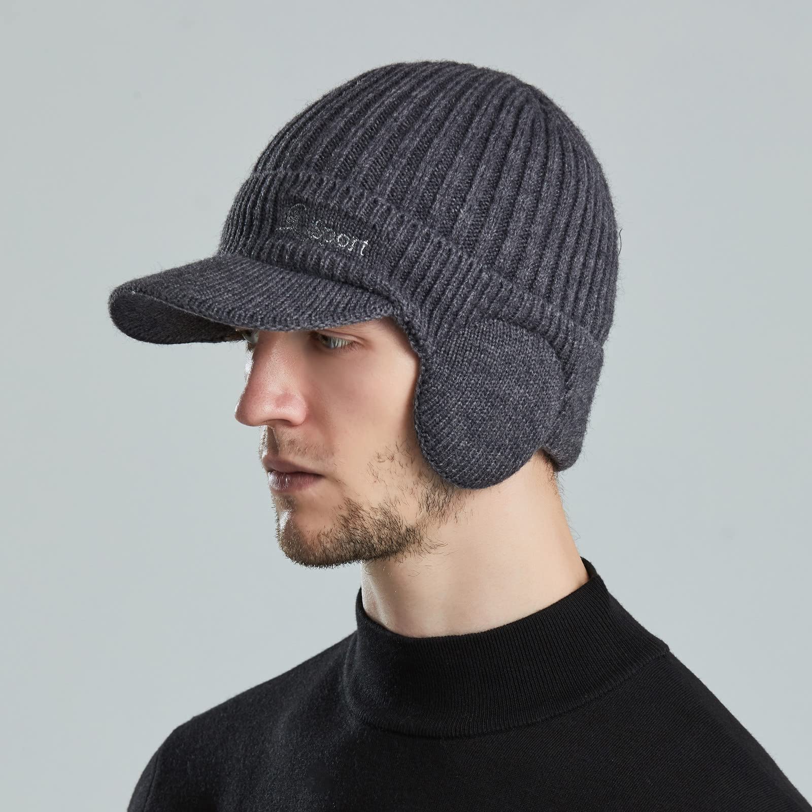 Men Earmuffs Ski Cycling Hat Warm Chunky Cable Knitted Hats Autumn and Winter Windproof Thickened Hat (A, One Size)