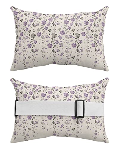 Recliner Head Pillow Ledge Loungers Chair Pillows with Insert Flower Purple Grey Cherry Blossoms Cotton Linen Background Lumbar Pillow with Adjustable Strap Patio Cushion for Sofa Bench Couch, 2 PCS