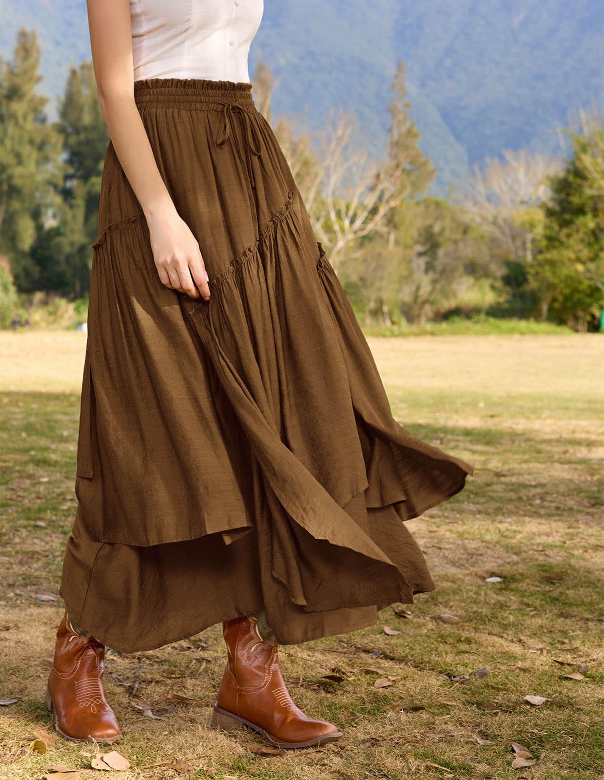Scarlet Darkness Renaissance Skirt Women Ren Fair Costume High Waist Flowy Boho Skirt Brown M