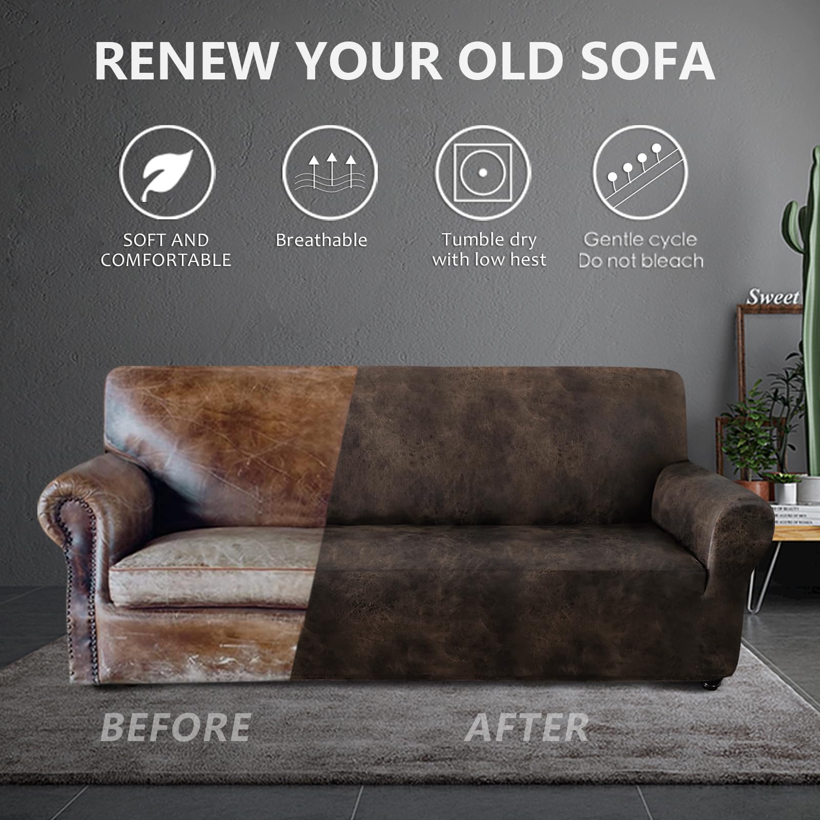 molasofa Sofa Covers - Couch Cover for Leather Couch, Soft and Washable Sofa Covers with Leather-Like Quality. Non-Pilling, Non-Slip 1-Piece Couch Cover for Dogs, Cats, and Kids (02 Dark Brown)