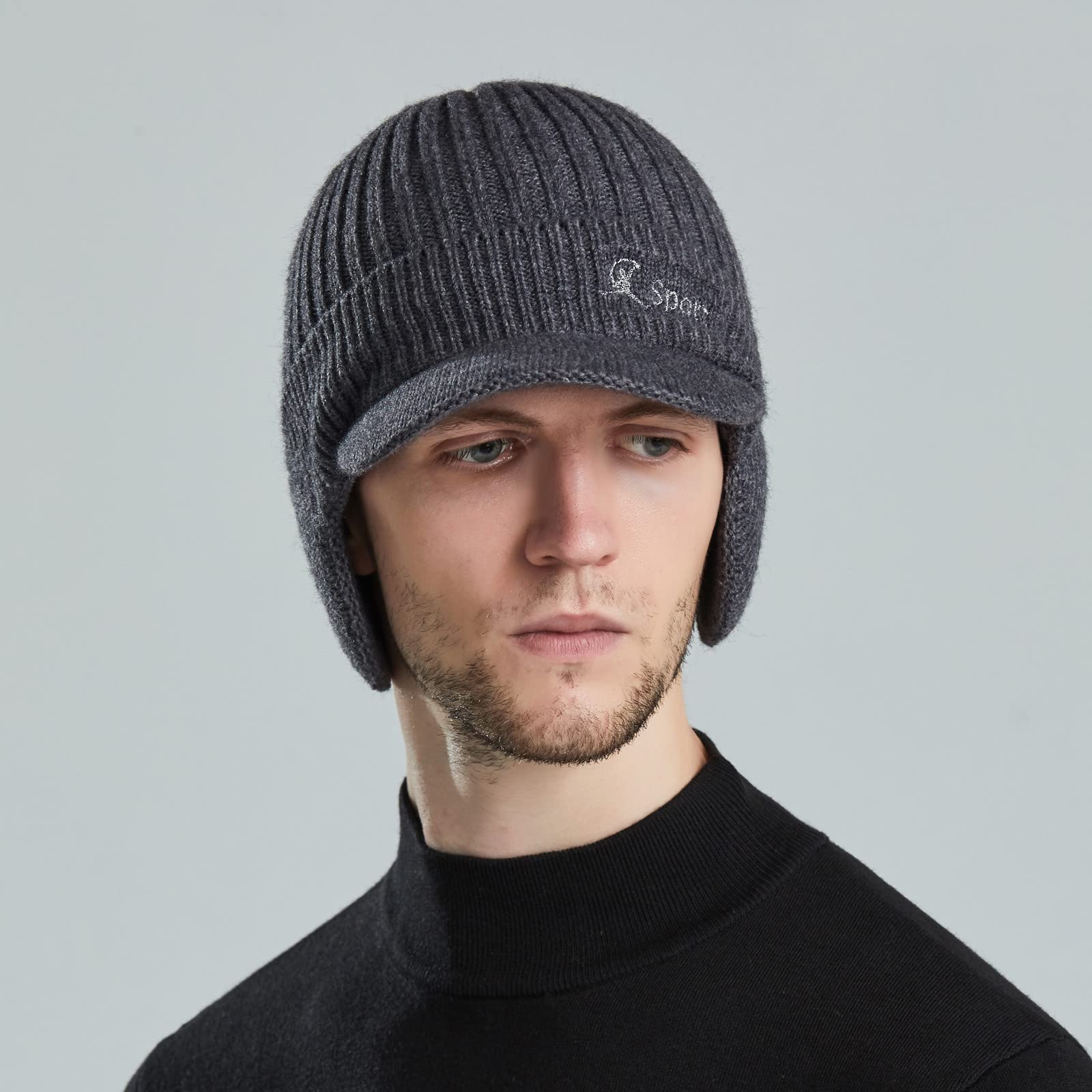 Men Earmuffs Ski Cycling Hat Warm Chunky Cable Knitted Hats Autumn and Winter Windproof Thickened Hat (A, One Size)
