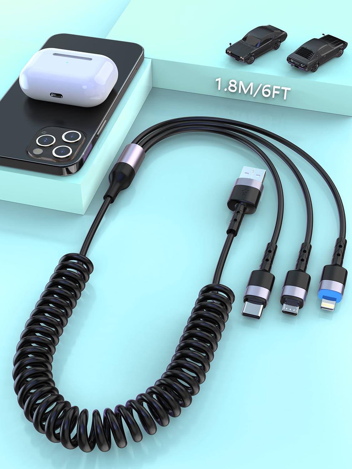 Opluz Multi 3 in 1 USB Universal Coiled phoneCable,1.8M/6FT Phone Multi Charger Cord for Car, Coiled USB to iOS Adapter,Type-C,Micro USB Charger Cable Compatible with Phone 15/14/pad/Samsung/Android