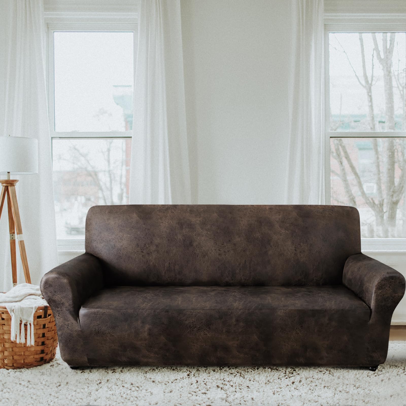 molasofa Sofa Covers - Couch Cover for Leather Couch, Soft and Washable Sofa Covers with Leather-Like Quality. Non-Pilling, Non-Slip 1-Piece Couch Cover for Dogs, Cats, and Kids (02 Dark Brown)