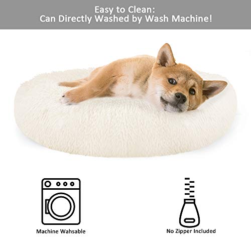 Round Cat Bed Donut Dog Bed, Washable Cuddler Pet Cushion Faux Shag Fur Cat Cot with Bolster and Anti-Slip Base, Self-Warming Plush Cat Den for Kitten, Puppies, Small Medium Size Below 20 Lbs White