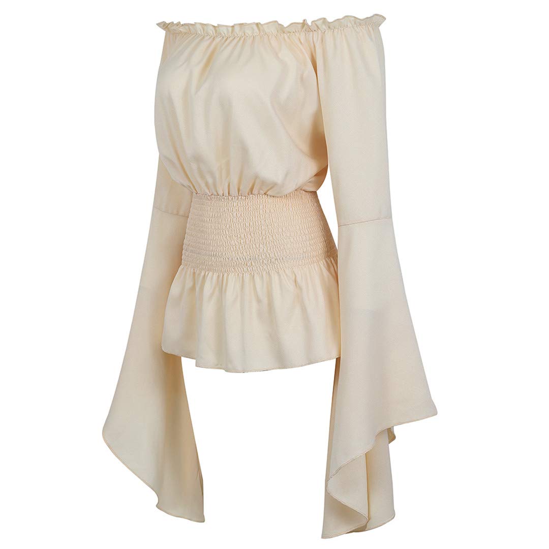 Womens Victorian Long Sleeve Boho Blouse Top Plus Size Renaissance Shirt Gothic Ruffle Pirate Skirt Cosplay Costumes Beige-M